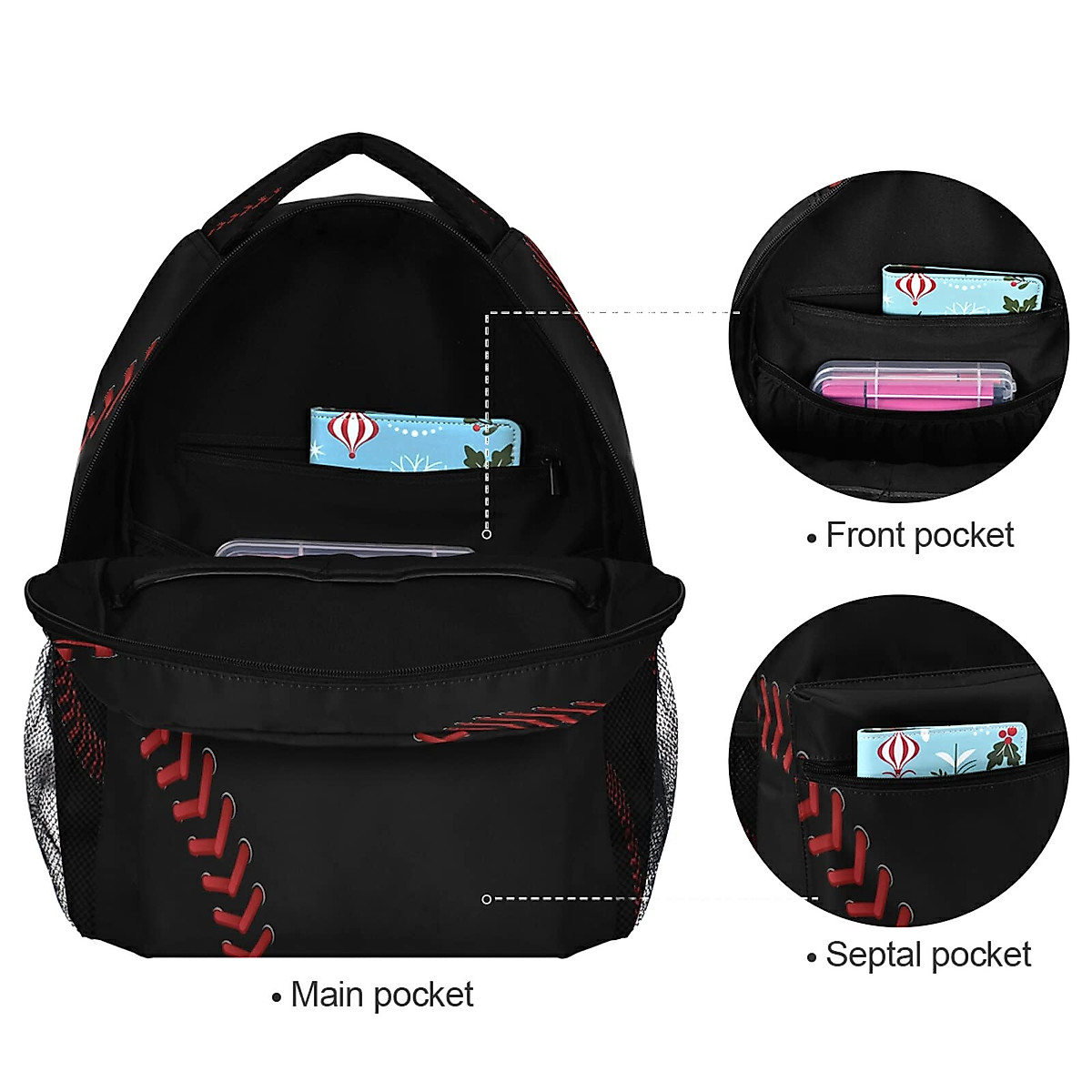 STAYTOP Black Baseball Laces Backpacks Travel School Bags for Boys Girls School Computer Backpacks Book Bag Travel Hiking Camping Daypack, 16x11.4x6.9in