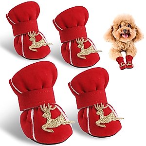 Kroiuain 2 Pairs Santa Red Detachable Closure Christmas Puppy Cute Dog Winter Shoes Boots (L)