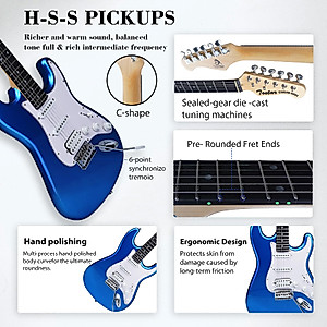 TOSTAR Electric Guitar Kit, 39 Inch Solid Wood Right Hand Guitar Electric for Beginners with Amp, HSS Pick Up, Poplar Body, Hand Polished(Lake Placid Blue)