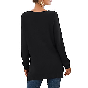 GRECERELLE Women's V-Neck Long Sleeve Side Split Loose Casual Knit Pullover Sweater Blouse Black-Medium
