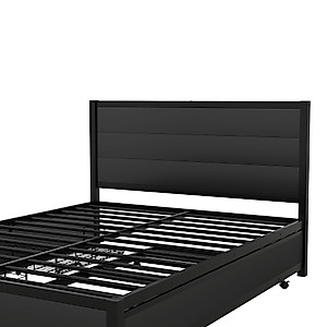 VilroCaz Queen Size Heavy Duty Metal Platform Bed with Twin Size Trundle and 2 Drawers, Mattress Foundation Platform Bed Frame with Headboard and Solid Slats Support for Bedroom Guest Rooms
