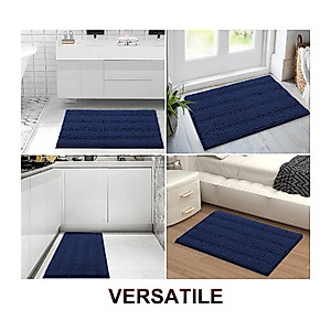 Grandaily Chenille Striped Bathroom Rugs 30x20, Extra Thick and Absorbent Bath Rugs, Non-Slip Soft Plush Shaggy Bath Carpet, Machine Wash Dry, Bath Mats for Bathroom, Navy