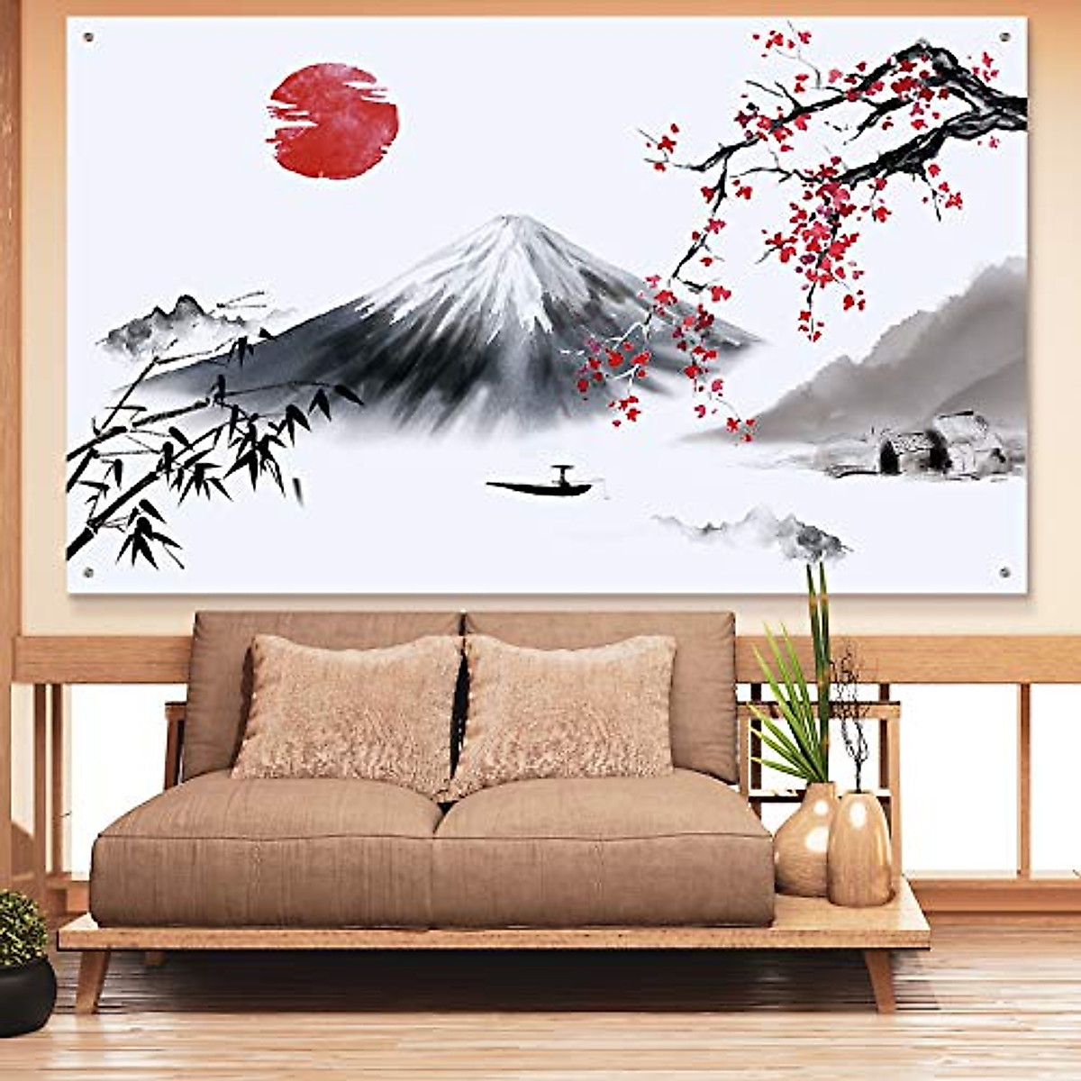 Japanese Wall Hanging Photo Banner Asian Mount Fuji Red Sun Backdrop Japanese Landscape Nature Background for Japanese Party Wall Home Decorations, 72.8 x 43.3 Inch