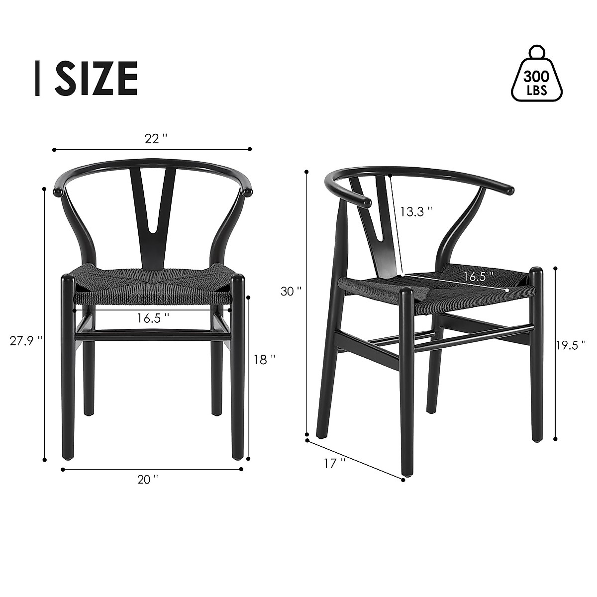 Wood Wishbone Dining Room Chairs Set of 2 Mid Century Modern Wooden for Your Beach House, 16.5" D x 20" W x 30" H, Full Black