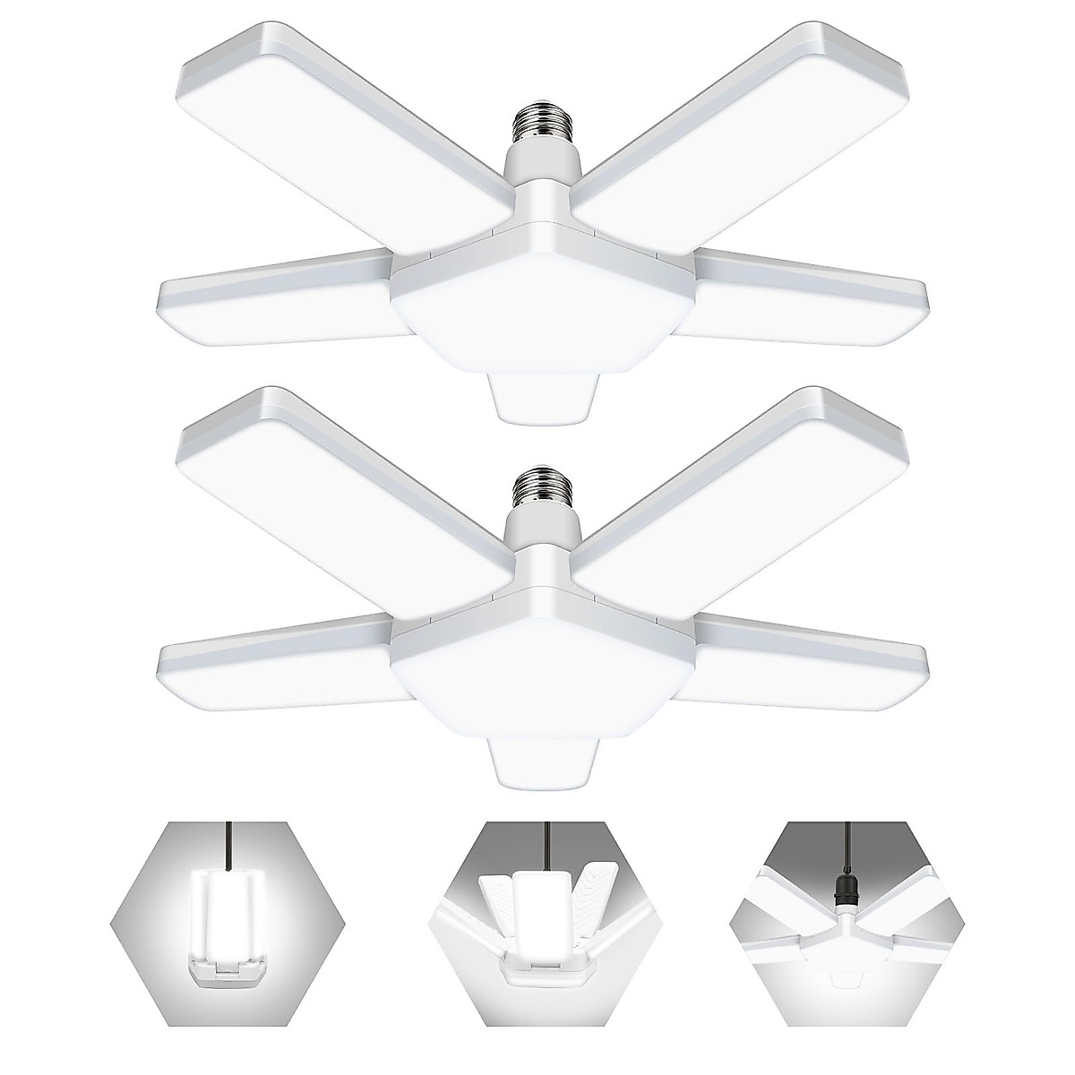 TUODAW LED Garage Lights 2 Pack, The New 100W Deformable LED Shop Lights with 5 Adjustable Panels, E26/E27 LED Ceiling Light, 10000LM 6500K Hight Bay Light for Basement Warehouse Workshop