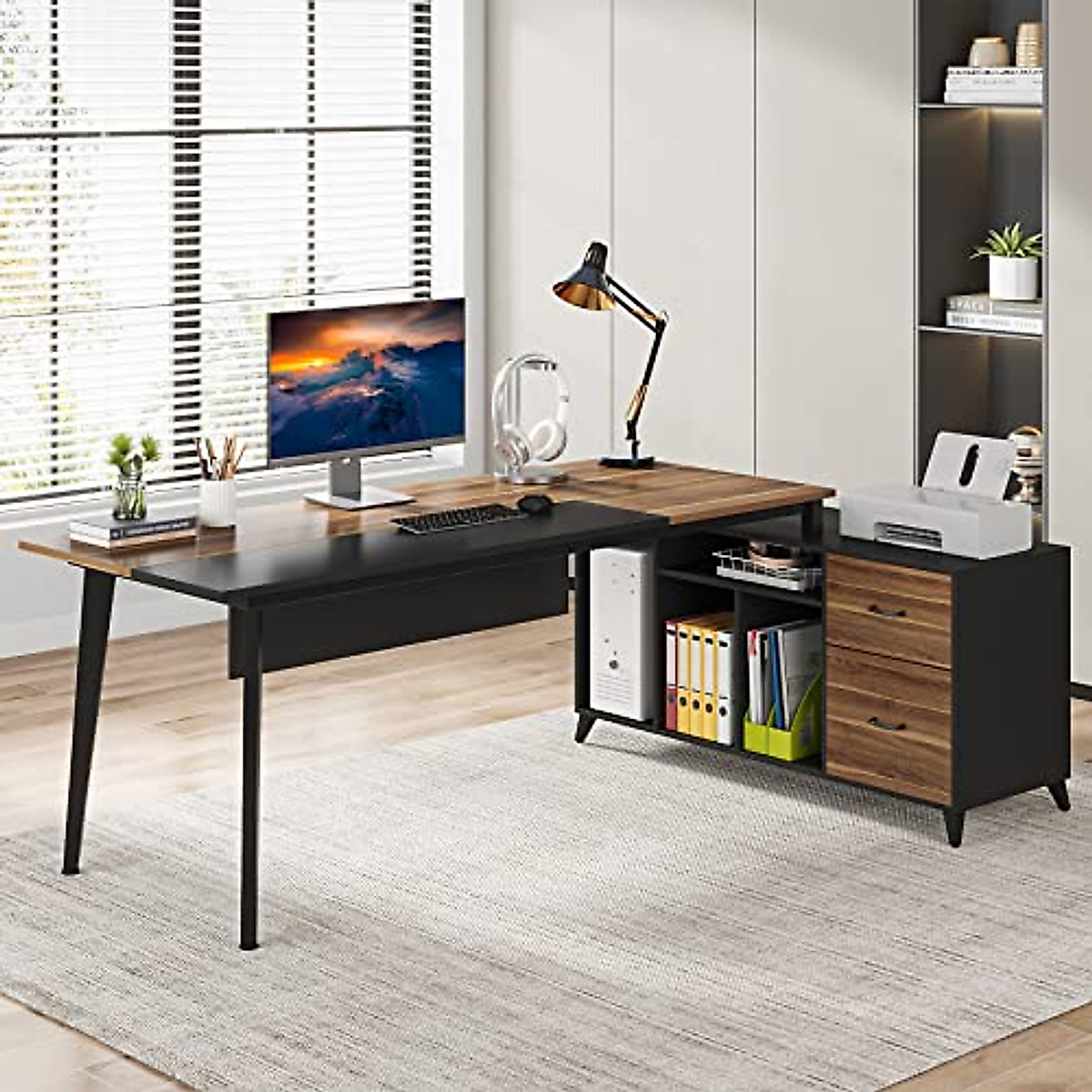 Tribesigns 70.8" Executive Desk with 43" Drawers File Cabinet, Large L-Shaped Computer Office Desk with Printer Stand, Business Furniture Workstation for Home Office