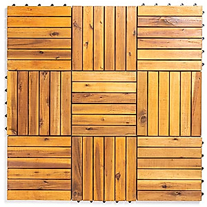 YAMAZING 12”x12” Solid Wood Interlocking Flooring Tiles (Pack of 9), Acacia Hardwood Deck Tiles, Floor Tile for Both Indoor & Outdoor Use, Patio Garden, Waterproof All Weather, 6 Slat (9 Sq Ft)