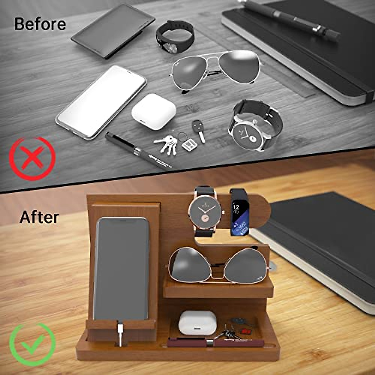 Gift for Dad Gift for Husband Wood Phone Docking Station Organizer Men Birthday Nightstand Cool Mens Birthday Gifts Night Stand Accessories Docking Station Wood Bedside Organizer Business Gifts