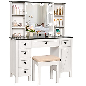 ANWBROAD Farmhouse Make up Vanity Desk with Mirror and Lights 43" Vanity Set with Power Outlet 3 Lighting Colors Adjustable Vanity Table 6 Drawers Storage Shelves Cabinets Stool Bedroom White UBDT60W