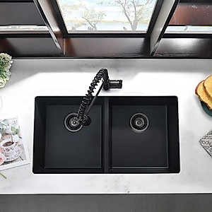 32 Inch Black Kitchen Sink Undermount-iAnomla 32x18 Inch Double Bowl Kitchen Sink 50/50 Black Quartz Composite Undermount Kitchen Sink