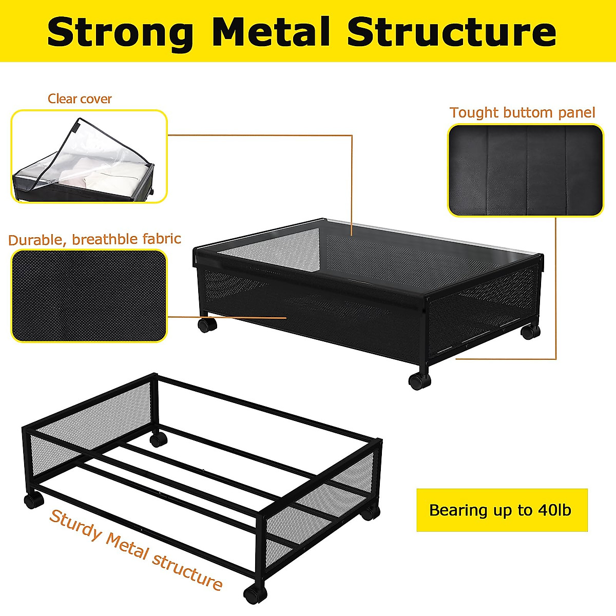 NADAMOO Under Bed Storage with Wheels and Clear Cover, Rolling Underbed Storage Containers, Metal Frame Under the Bed Organizer Bins for Bedroom Clothes Shoes Blankets Toys Books, Pack of 2