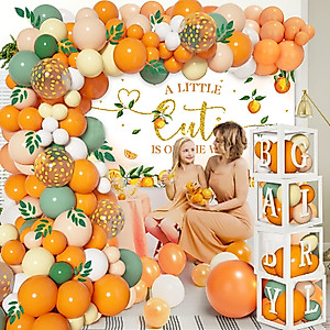 154PCS Little Cutie Baby Shower Balloon Boxes Decorations,Orange Balloon Garland Arch Kit with A Little Cutie is on the Way Backdrop, Baby Boxes with Letters for Orange Baby Shower Decorations