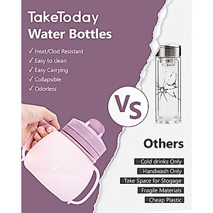 TakeToday Kids Water Bottle for School, Silicone Collapsible Water Bottle, 20 OZ Travel Water Bottle with Straw and Strap, BPA-Free Reusable Leakproof, Purple