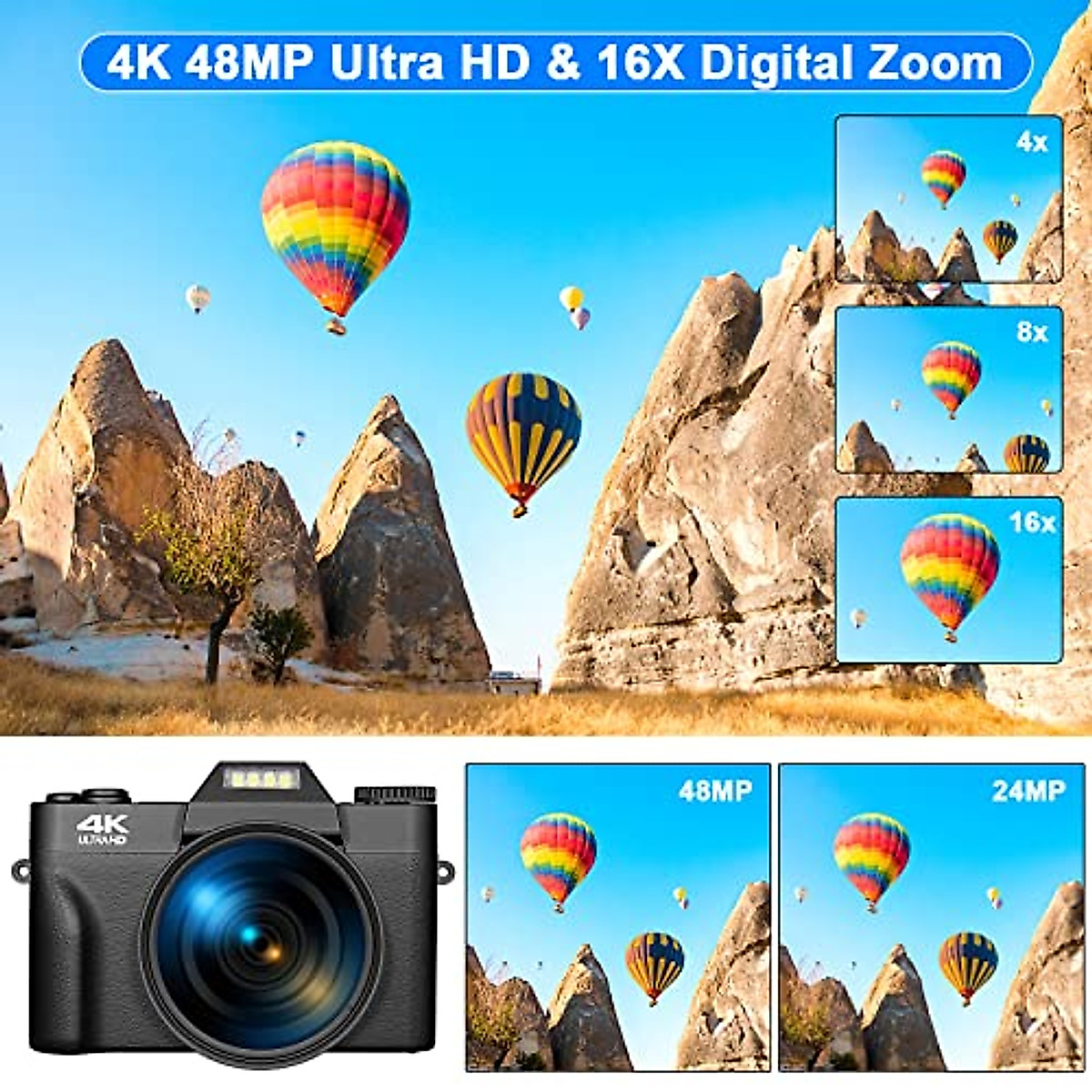 Vlogging Camera, Acoletty 4K 48MP Digital Cameras for Photography, 16X Digital Zoom, 52mm Wide Angle Lens, Macro Lens, 2 Batteries & Charging Stand, 32GB TF Card, 3.0" IPS 30FPS 180°Flip Screen Black