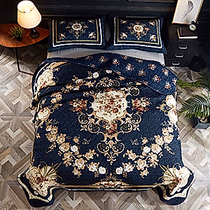 LAMEJOR Quilt Set Queen Size Retro Floral Pattern Medallion Style 3-Piece Reversible Luxury Soft Comforter Set Bedspread Coverlet Set Microfiber Dark Blue