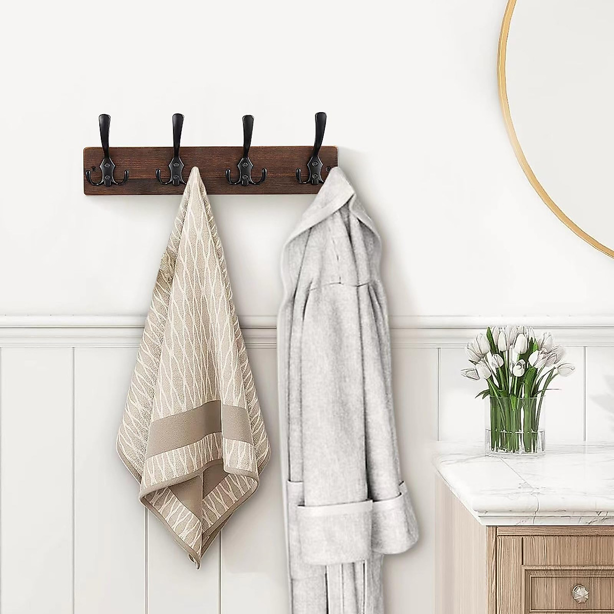 UDENIS Wall Mount Wooden Coat Rack,Coat Hanger with 4 Metal Hooks for Dog leashes Key Towel Robe Coat Entryway Bathroom Mudroom,Dark Brown