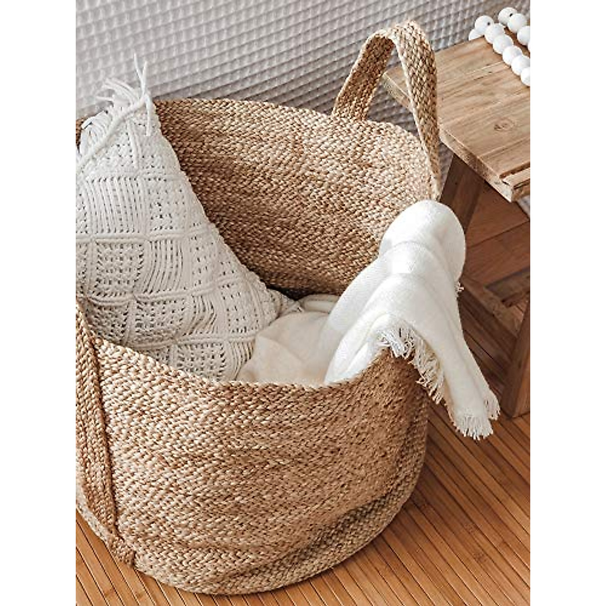 GooBloo Large Woven Storage Basket 100% Jute - 20” x 16” Tall Decorative Jute Rope Basket for Living Room, Toys or Blankets - Wicker Baskets with Handles - Handmade Natural Laundry Hamper