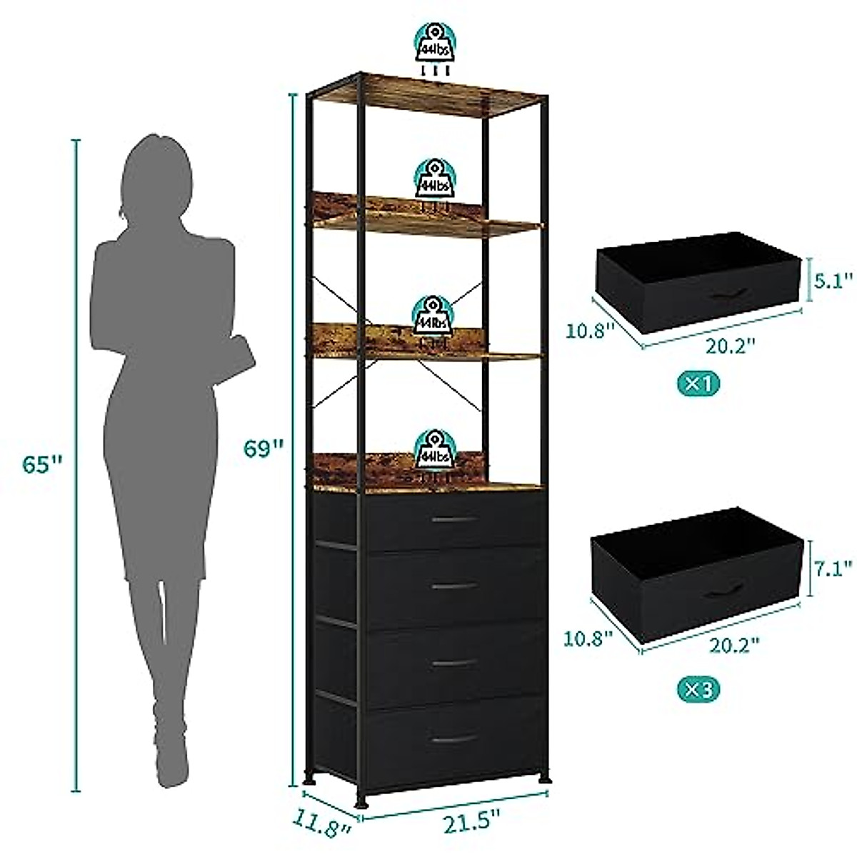 VASICAR 4-Tier Tall Bookshelf with 4 Drawers, Multifunctional Open Bookcase, Storage Shelf Dresser for Living Room, Office, Bedroom, Kitchen, Free Drawer Divider (Black)