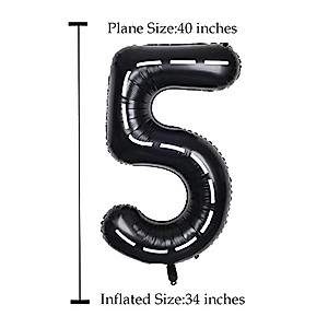 SULALABOO 40 Inch Black 5 Balloon Number Large Helium Number Balloons 0-9 Giant Digital 5th Foil Mylar Big Party Balloon for Boy or Girl Birthday Party Anniversary Decorations