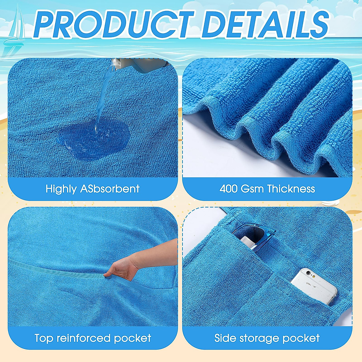 4 Pcs Cotton Beach Chair Cover Soft Lounge Chair Towel Sunbathing Travel Chaise Lounge Towel Cover with Pockets on Side and Top for Outdoor Beach Pool (Blue)