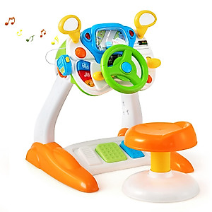 HONEY JOY Steering Wheels Toys for Toddler Boys Girls, Pretend Play Learning Driver Toy Cars for Preschool Baby, Lights & Music, Interphone, Pedal, My First Driving Educational Musical Toy w/Stool