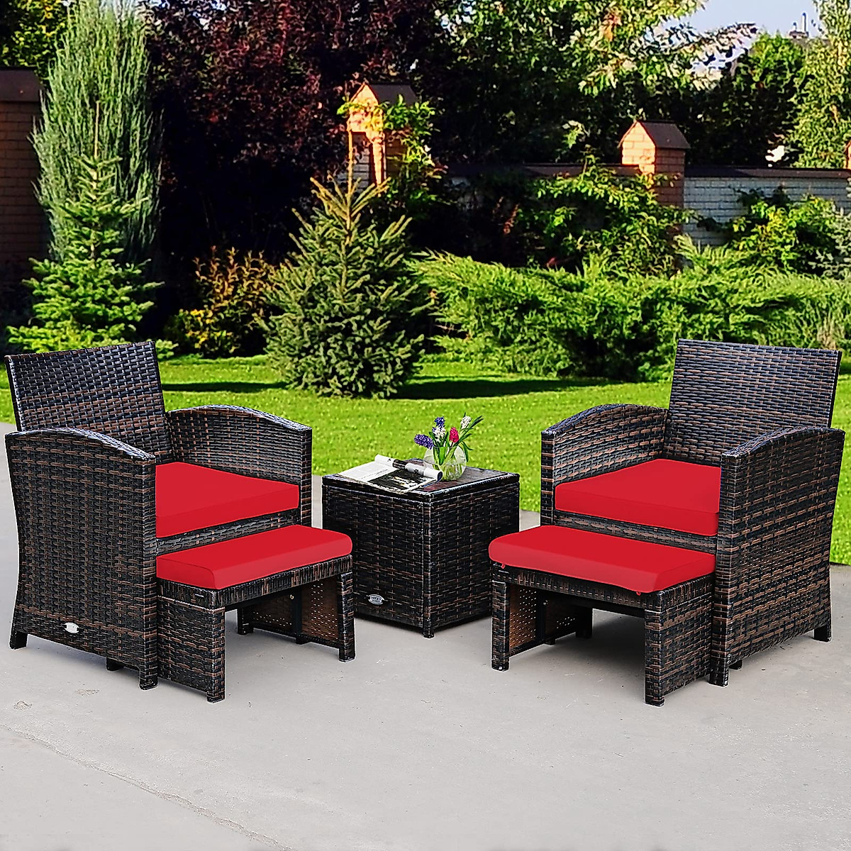 Tangkula 5 Pieces Patio Rattan Furniture Set, Outdoor Conversation Set with Cushioned Chair & Ottoman & Tempered Glass Coffee Table, All Weather Patio Sofa Sets for Garden, Backyard, Poolside (Red)
