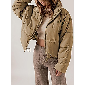 Dokotoo Womens Puffer Jackets Ladies Cute Warm Winter Coats for Women Oversized Stand Neck Full Zipper Up Drawstring Baggy Padded Jacket Coat Warm Comfy Soft Outerwear with Pockets Khaki XL