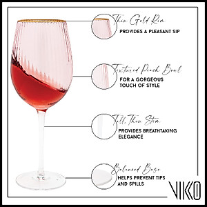 Vikko Décor Wine Glasses, Set of 6 Peach Blown Glass with Gold Rim, 14 Ounce Fancy Wine Glasses With Stem for Red and White Wine, Dishwasher Safe Goblets, Decorative Wine Glasses