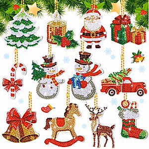 Ferraycle 12 Pieces Christmas Diamond Painting Kits 5D DIY Diamond Painting Keychain Christmas Hanging Diamond Art Kits Diamond Art Christmas Ornaments for Kids Crafts Family Decor (Classic Style)