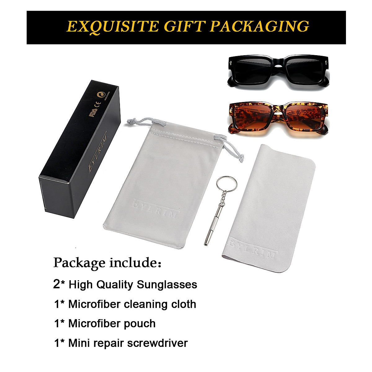 EYLRIM Square Frame Sunglasses for Women Men Trendy Chunky Rectangle Sun Glasses Black Shades UV400 Protection(2 Pack (Black/Grey+Leopard/Gradient Tea))