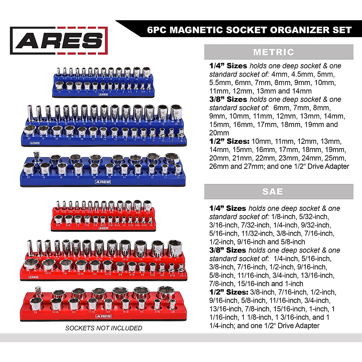 ARES 60058-6-Pack Set Metric and SAE Magnetic Socket Organizers -Blue and Red -1/4 in, 3/8 in, 1/2 in Socket Holders -143 Pieces of Standard (Shallow) and Deep Sockets -Organize Your Tool Box