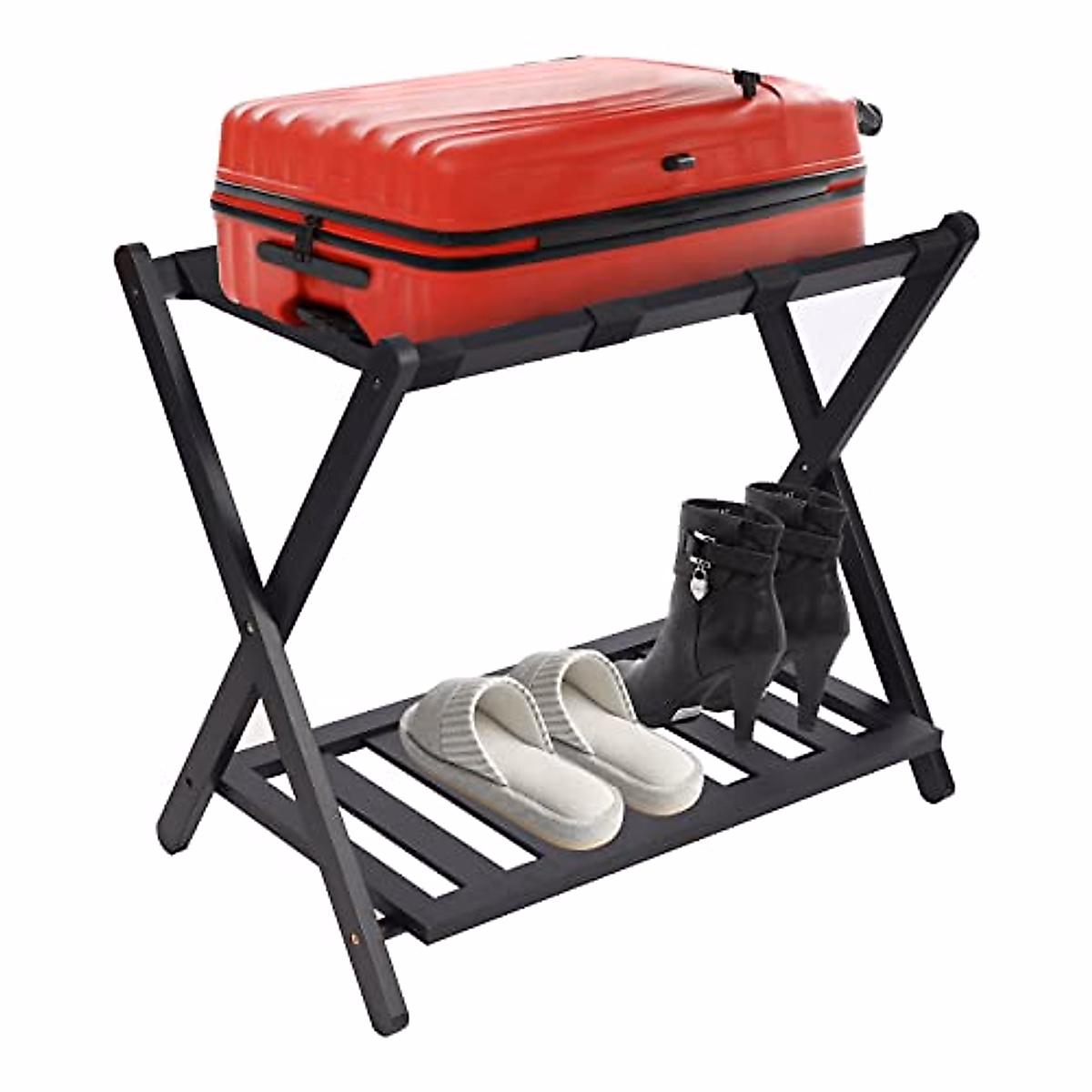 AKVOMBI Folding Luggage Racks for Guest Room, 2 Tier Suitcase Holder Stand with Shelf, Luggage Stand with Heavy Duty Nylon Belts for Bedroom, Hotel, Black