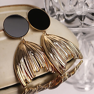 Sonateomber Gold Mermaid Fishtail Drop Dangle Statement Earrings For Women Big Black Dome Fish Tail Ginkgo Leaf Dangly Summer Ocean Beach Prom Jewelry Gift