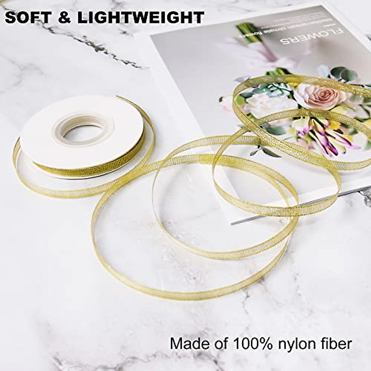 Glitter Metallic Gold Ribbon 1/4 Inch 25 Yards, Sparkly Fabric Ribbon Perfect for Crafts, Sewing, Gift Package Wrapping for Christmas, Easter, Valentines Day, Birthday