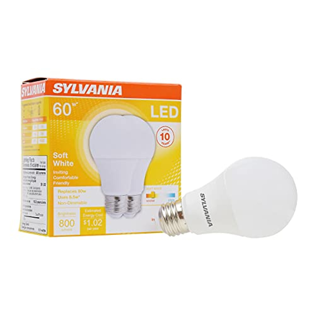 SYLVANIA LED Light Bulb, 60W Equivalent A19, Efficient 8.5W, Medium Base, Frosted Finish, 800 Lumens, Soft White - 2 Pack (73886)