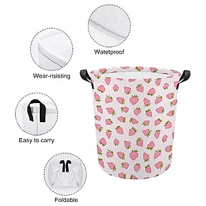 Laundry Basket Strawberries Pink Stripes Laundry Hamper Bag Clothes Bag Collapsible With Handles Travel Bathroom College Essentials Storage