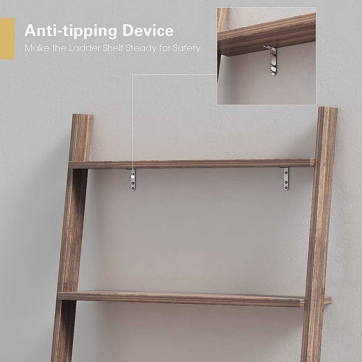 Giantex 3 Tier Ladder Desk with Drawer, 33" Width Walnut Ladder Shelf with Anti-Tipping Device, Freestanding Bookshelf, Leaning Computer Desk with Shelves for Small Space
