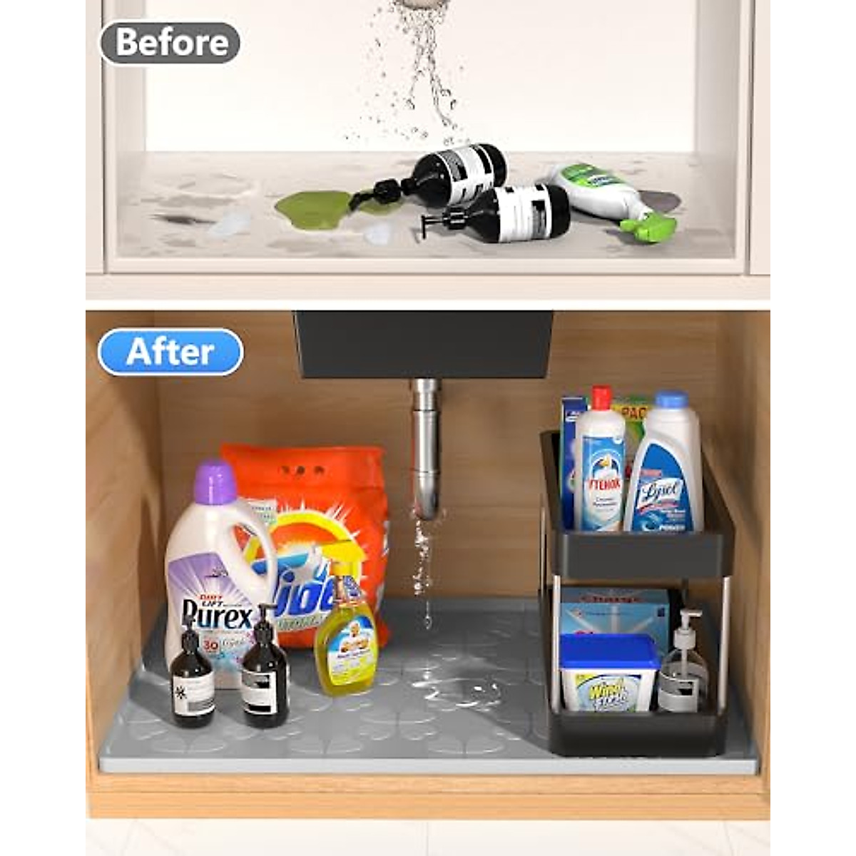 Waterproof Under Sink Mat for 34" x 22" Cabinet Protector, Silicone Sink Mat for Kitchen and Bathroom, Easy to Clean Kitchen Cabinet Liner Under Sink Drip Tray for Leaks