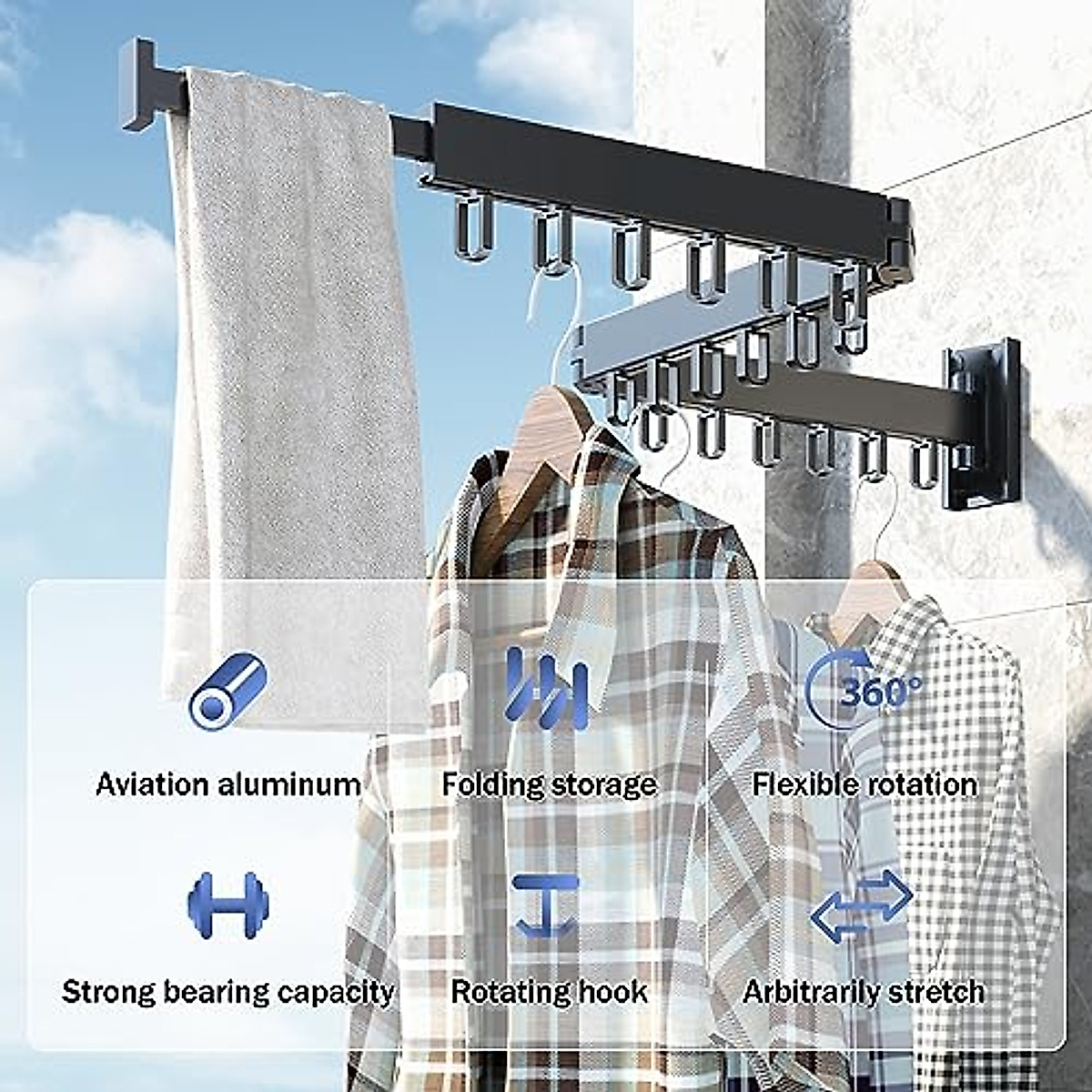 HEILAIYI Clothes Drying Rack,Laundry Drying Rack,Wall Mounted Clothes Rack,Laundry Rack Wall Mount,Folding Retractable Collapsible Drying Rack Clothing (Three-Poles,Loop Shape Hooks)