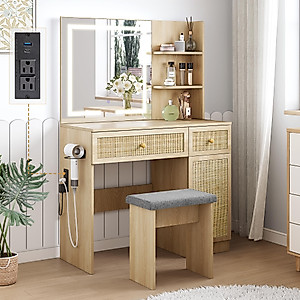 Yechen 35" Boho Makeup Vanity Table with LED Lighted Mirror & Power Strip, Wooden Dressing Table Set with Rattan Drawers, Storage Shelves and Cushioned Stool for Bedroom, Perfect for Girls Women Gift