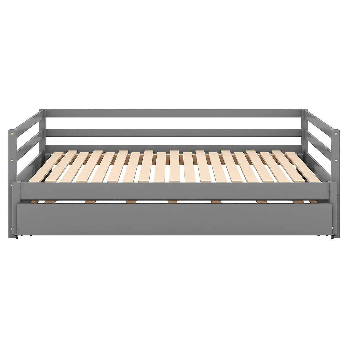 Merax Modern Extending Daybed with 2 Pop Up Trundle Beds Twin to King Wood Sofa Day Bed with Headboard No Box Spring Needed Grey