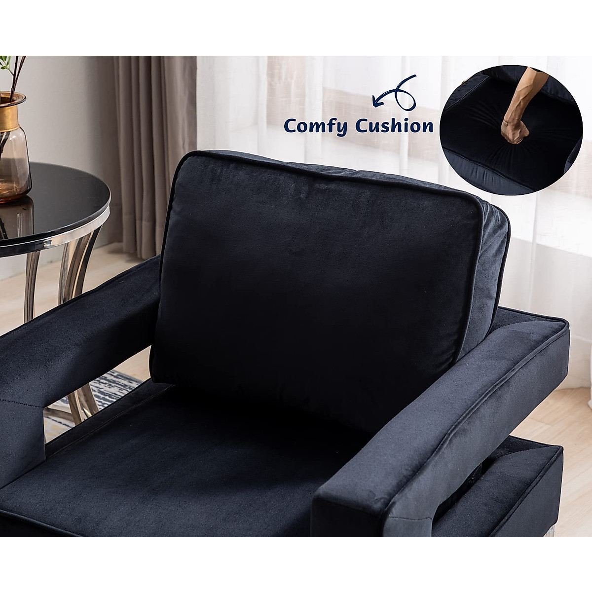 CIMOO Velvet Accent Chair Set of 2 with Back for Living Room, Modern Armchair for Bedroom Tufted Single Sofa Chair Upholstered Comfy Reading Chair Extra Wide Arm Chair with Sliver Legs, Black