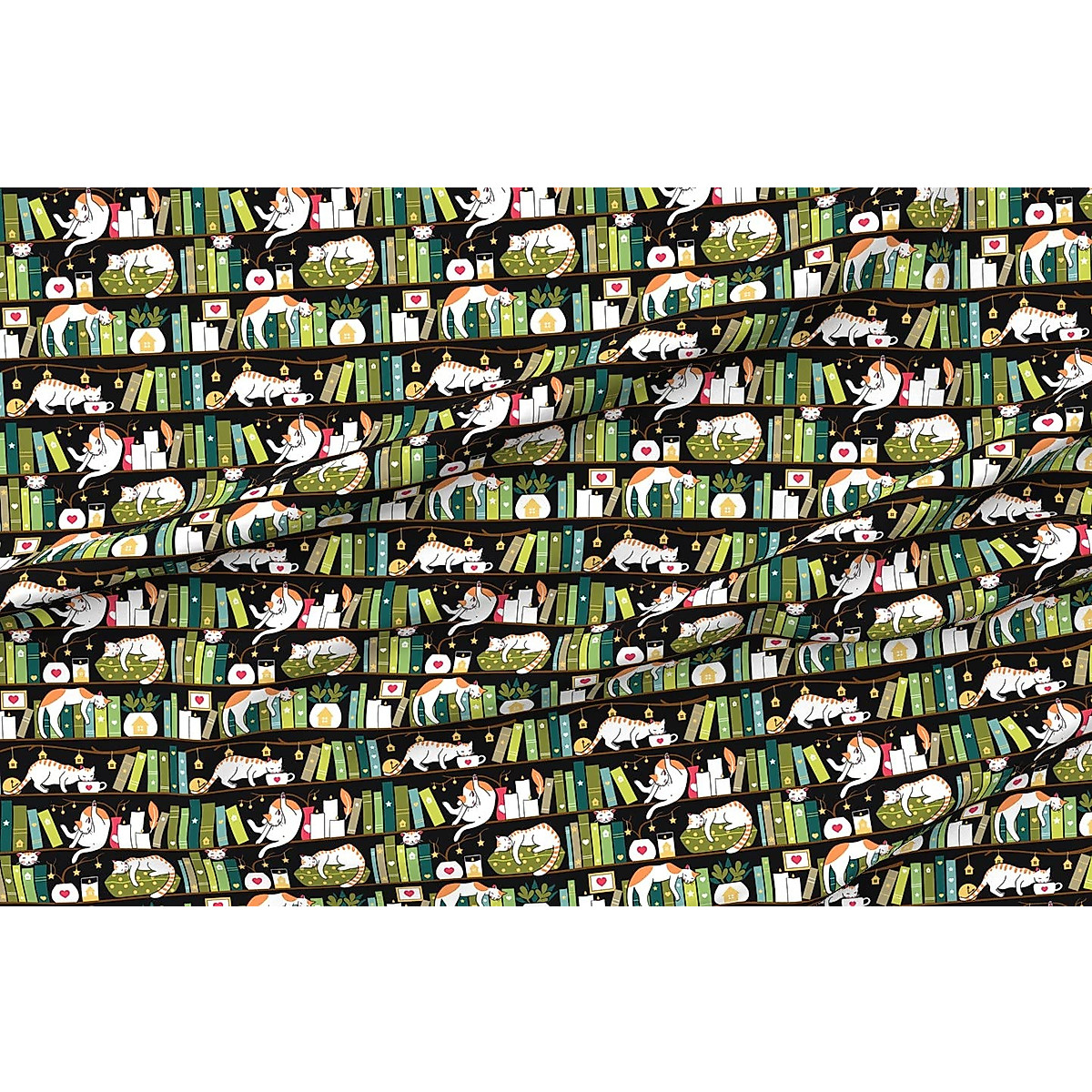 Spoonflower Fabric - Library Cats Cat Book Candle Bookshelf Hygge Books Cute Home Pet Printed on Petal Signature Cotton Fabric by The Yard - Sewing Quilting Apparel Crafts Decor