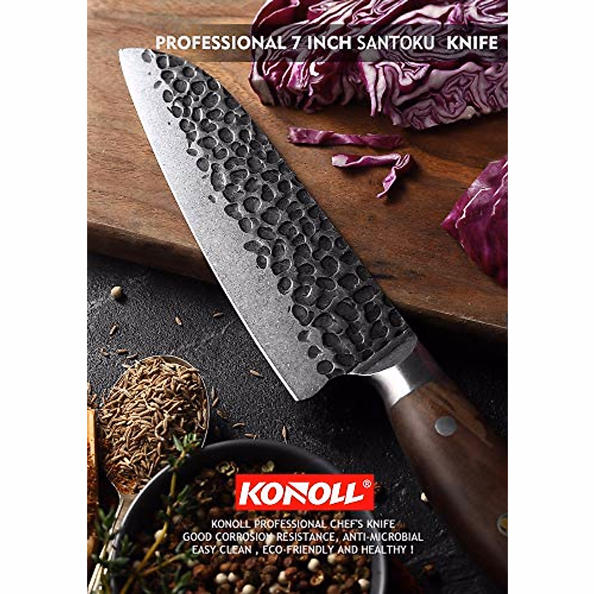 KONOLL Santoku Knife Janpan Chefs Knife Cleaver 7-inch Forged Handmade Professional Kitchen Knife, German High Carbon Steel (7-inch Santoku Thunder-K Series)