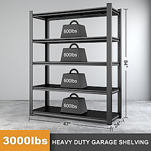 STEELIST 3000LBS Garage Shelves, 48W Metal Shelves for Storage, 5-Tier Shelving Unit with Adjustable Shelves, 24" D X 47.2" W X 84" H Industrial Shelving Utility Shelf for Warehouse, Basement