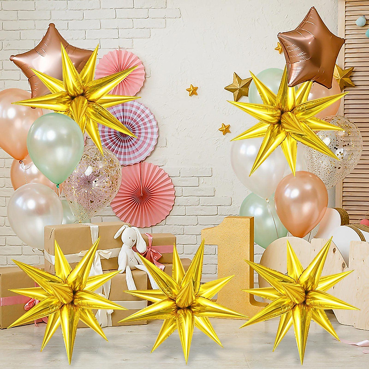 60 Pcs Gold Star Balloons Explosion 12 Point Foil Cone Balloons Magic Starburst Balloons Large for Wedding Anniversary Backdrop Birthday Party Decorations