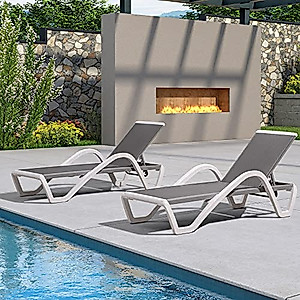 PURPLE LEAF Patio Chaise Lounge Chairs Set of 2 Outdoor Plastic Textilene Lounger 6 Adjustable Positions Sun Bathing Tanning Recliners for Pool Outside Beach in-Pool Lawn Poolside, Grey