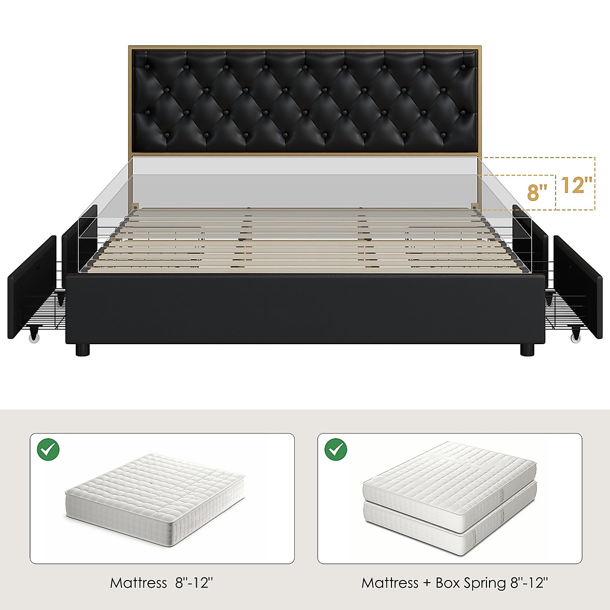 HIFIT King Upholstered Bed Frame with 4 Storage Drawers and Handmade Button Tufted Headboard, Modern PU Leather King Platform Storage Bed with Solid Wooden Slats, No Box Spring Needed, Golden & Black