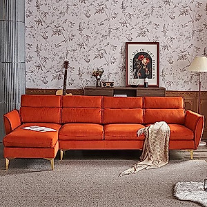Imbesty Convertible Sectional Sofa Couch, 4-Seater Lattice Flannel Upholstered Sofa Couch with Reversible Chaise, L-Shaped Highback Living Room Furniture (Orange)