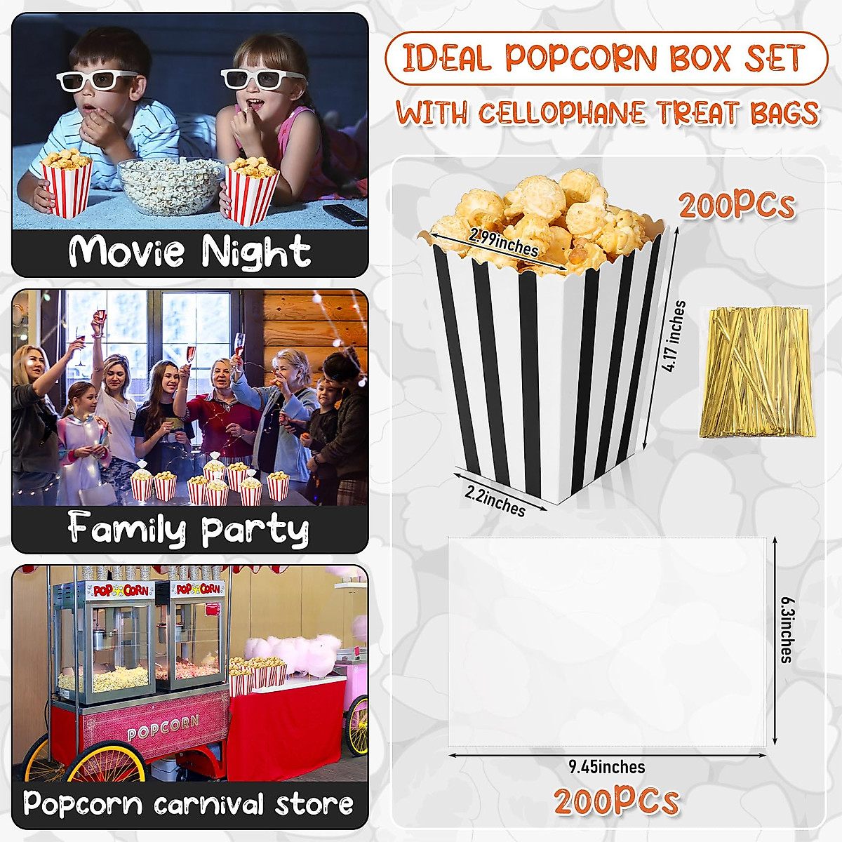 Maxcheck 200 Pcs Popcorn Boxes with 200 Pcs Clear Cellophane Bag, Mini Paper Popcorn Box Cardboard Popcorn Container, Popcorn Boxes Snack Candy for Birthday Wedding Decoration (Black and White)
